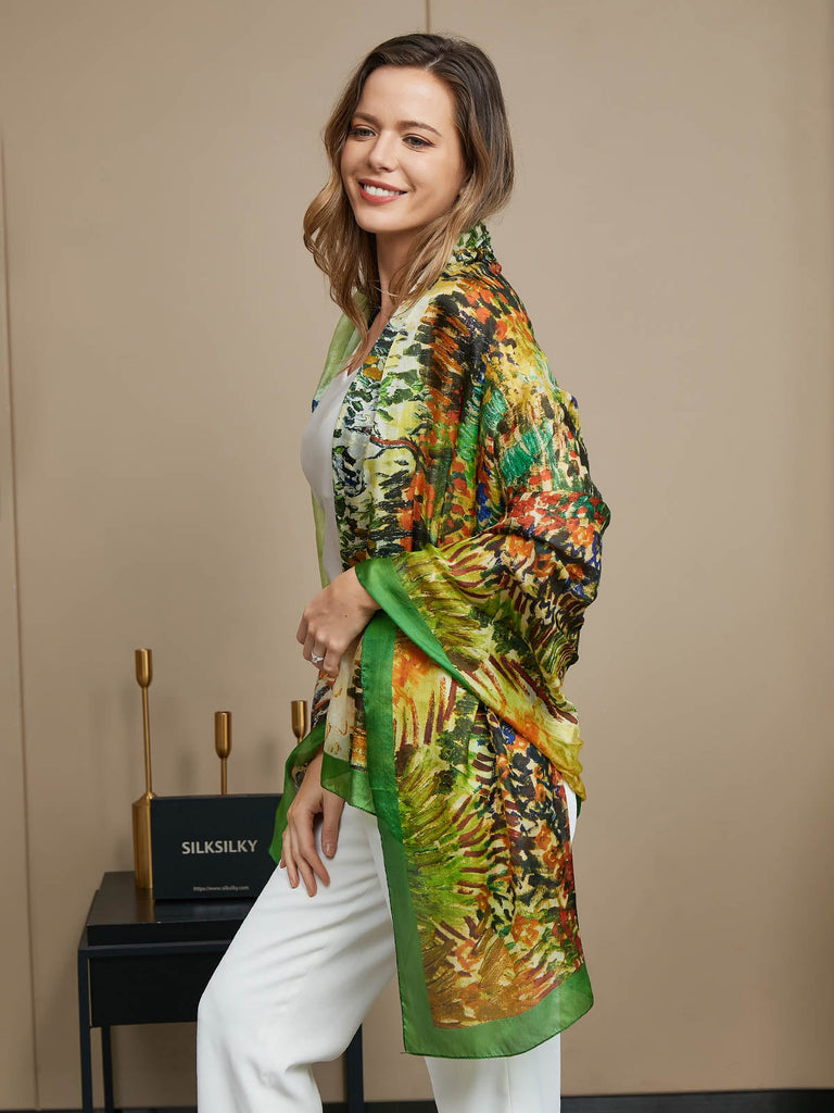 Sciarpa / scialle rettangolare in pura seta con pittura a olio 175x105 ...